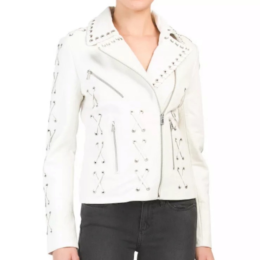 Amaryllis White Leather Whip-Stitch Jacket - Gem